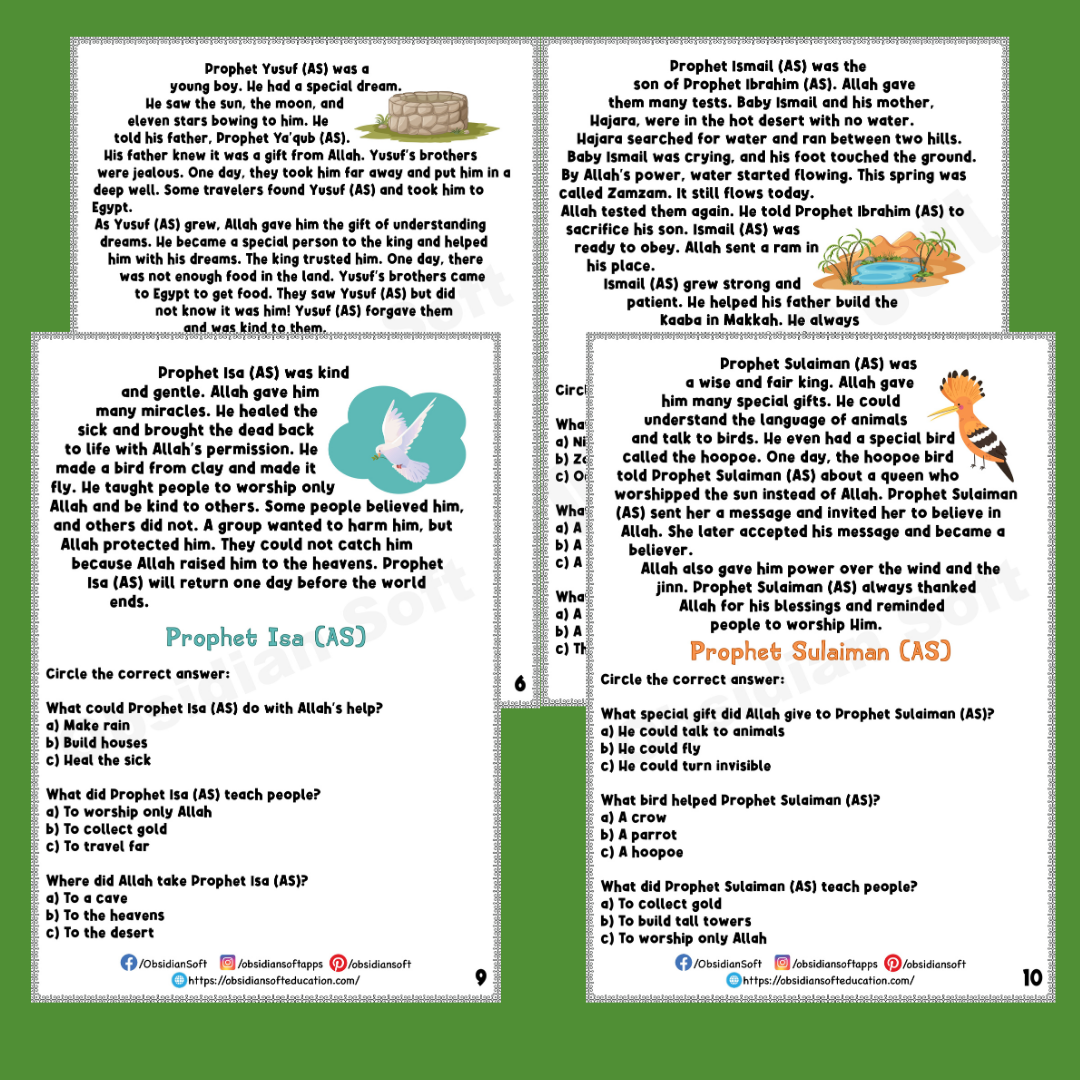 Reading Comprehension about Prophets in Islam for 6-7 yrs old (Grade 1 ...