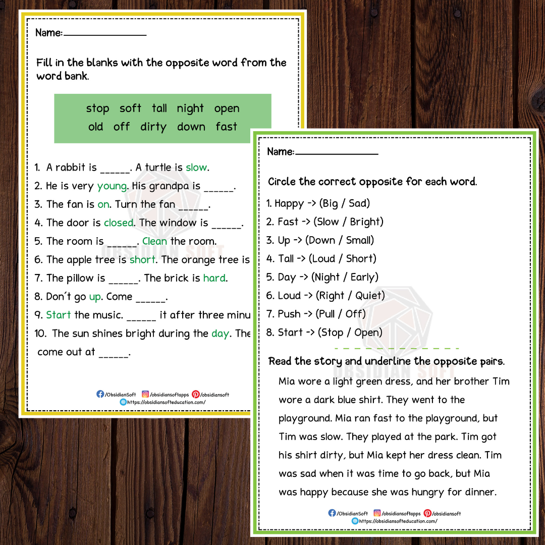 Opposites Worksheets for Grade 1 - ObsidianSoft
