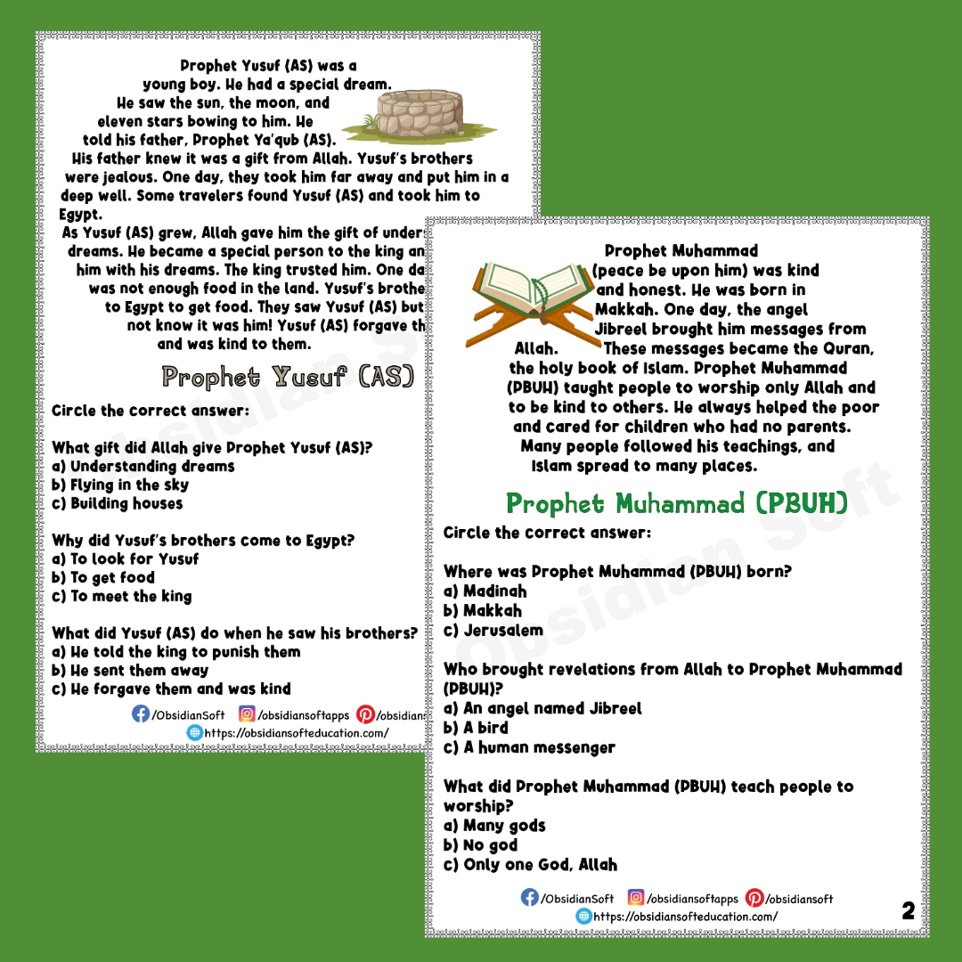 Reading Comprehension about Prophets in Islam for 6-7 yrs old (Grade 1 ...
