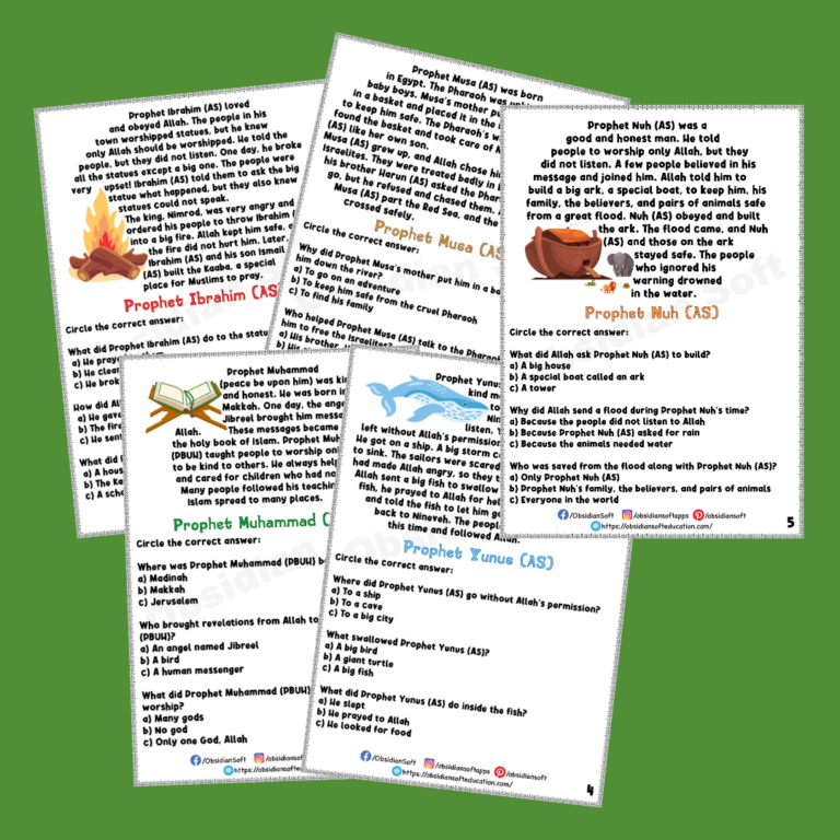 Reading Comprehension about Prophets in Islam for 6-7 yrs old (Grade 1 ...