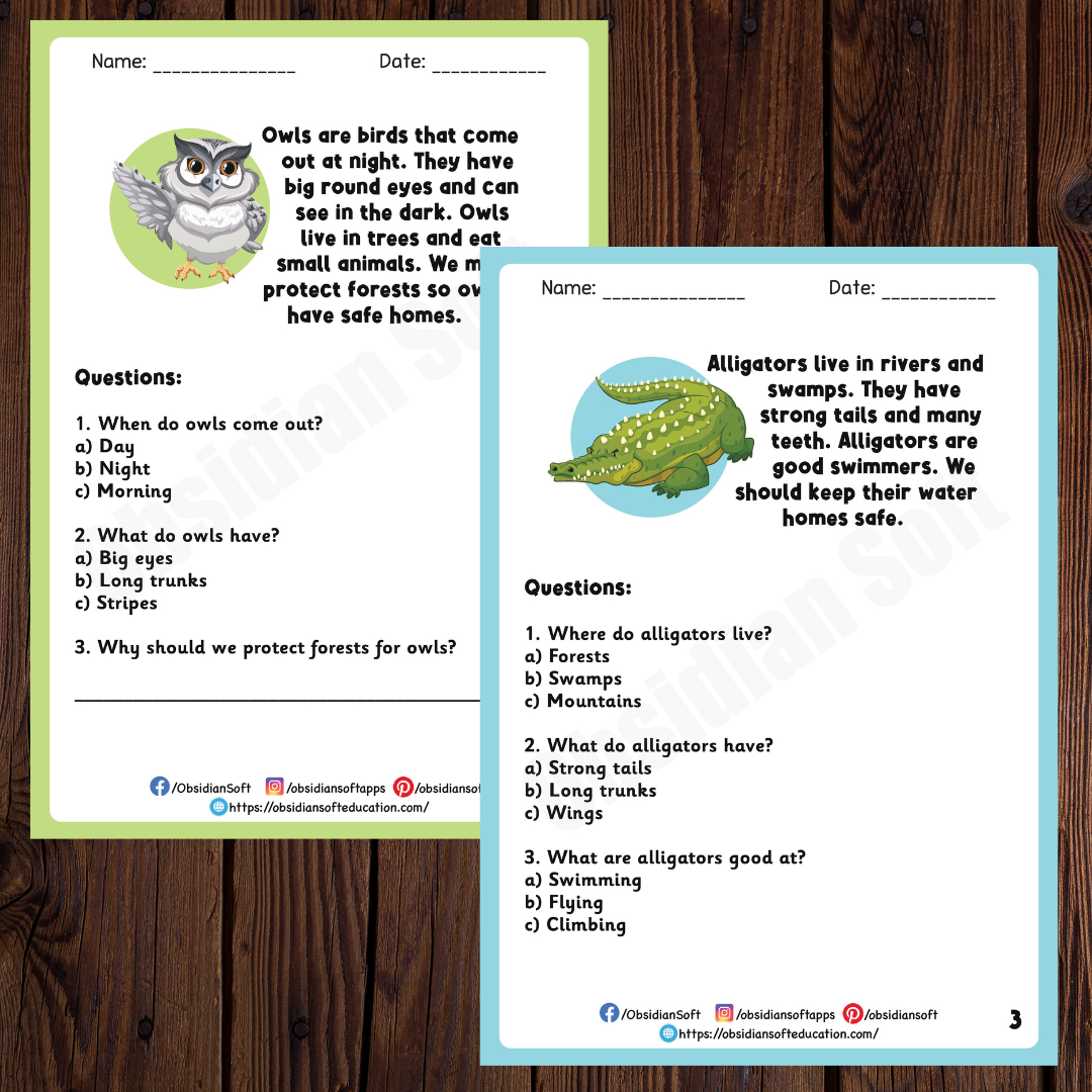 Free Animal Reading Comprehension Worksheets for World Animal Day and ...